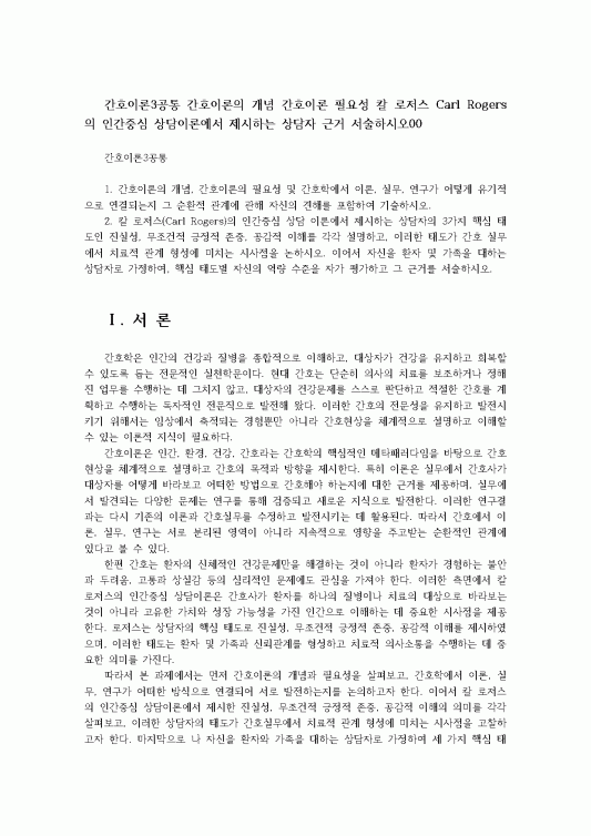 간호이론3공통 간호이론의 개념 간호이론 필요성 칼 로저스 Carl Rogers의 인간중심 상담이론에서 제시하는 상담자 근거 서술하시오00