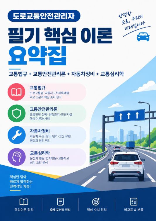 도로교통안전관리자 필기 핵심 이론 요약집 (교통법규+ 교통안전관리론 + 자동차정비 + 교통심리학)