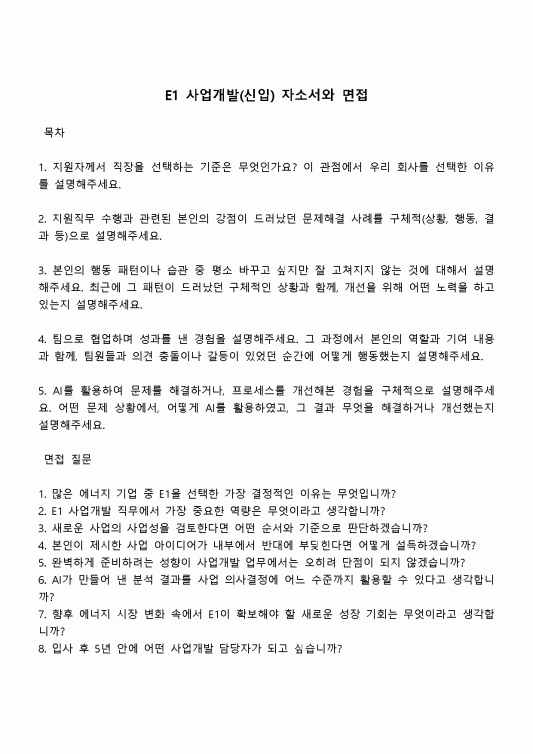E1 사업개발(신입) 자소서와 면접