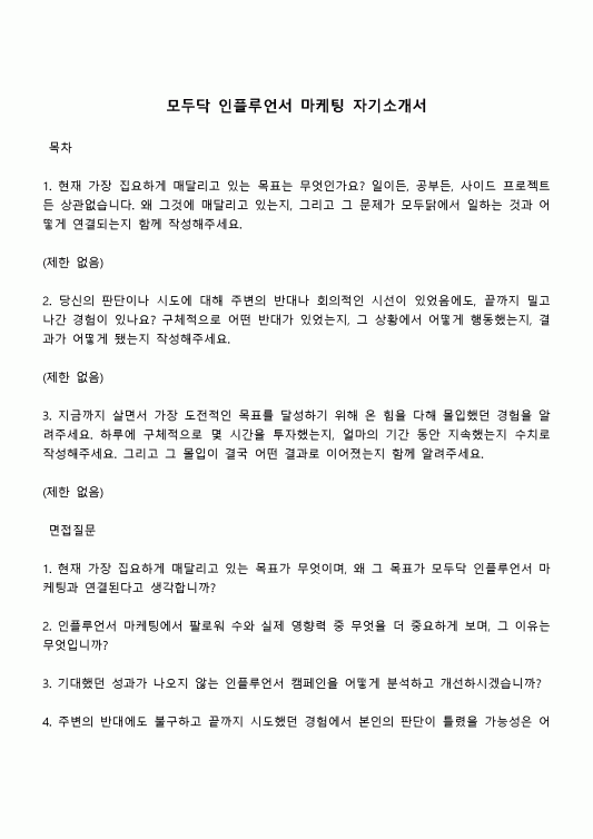 모두닥 인플루언서 마케팅 자기소개서