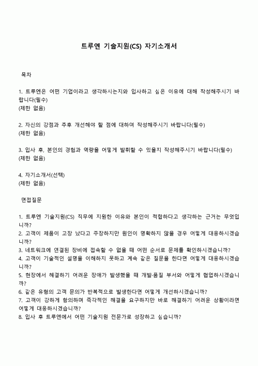 트루엔 기술지원(CS) 자기소개서