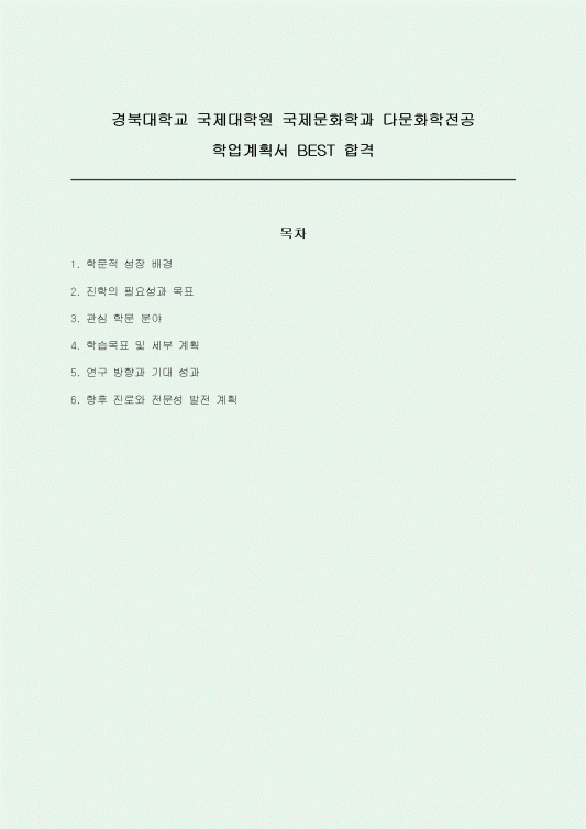 경북대학교 국제대학원 국제문화학과 다문화학전공 학업계획서 BEST 합격