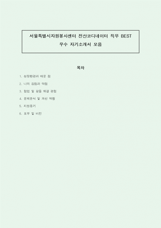 서울특별시자원봉사센터 전산코디네이터 직무 BEST 우수 자기소개서 모음