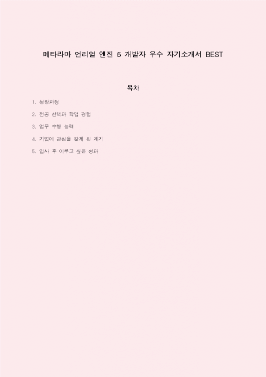 메타라마 언리얼 엔진 5 개발자 우수 자기소개서 BEST
