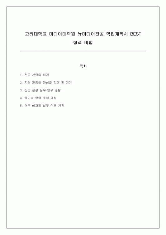 고려대학교 미디어대학원 뉴미디어전공 학업계획서 BEST 합격 비법