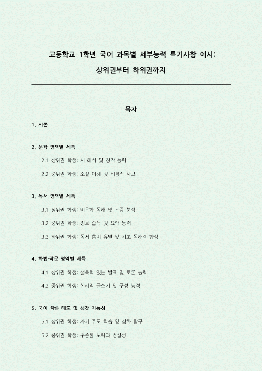 고등학교 1학년 국어 과목별 세부능력 특기사항 예시: 상위권부터 하위권까지