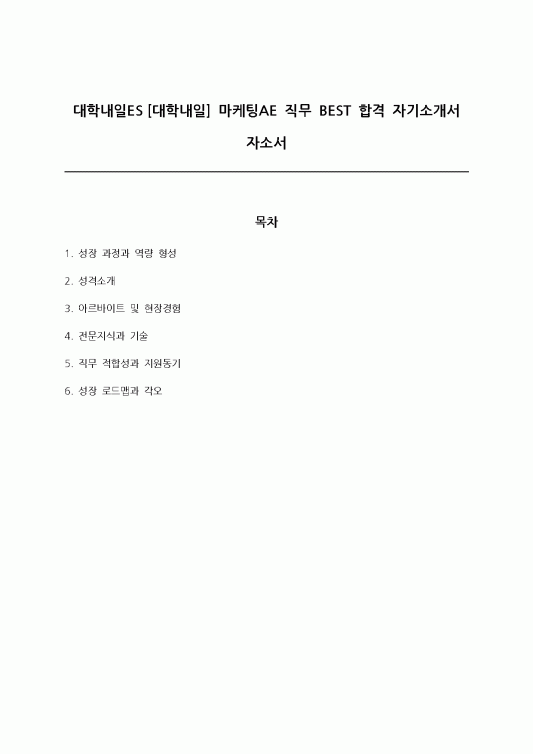 대학내일ES [대학내일] 마케팅AE 직무 BEST 합격 자기소개서 자소서