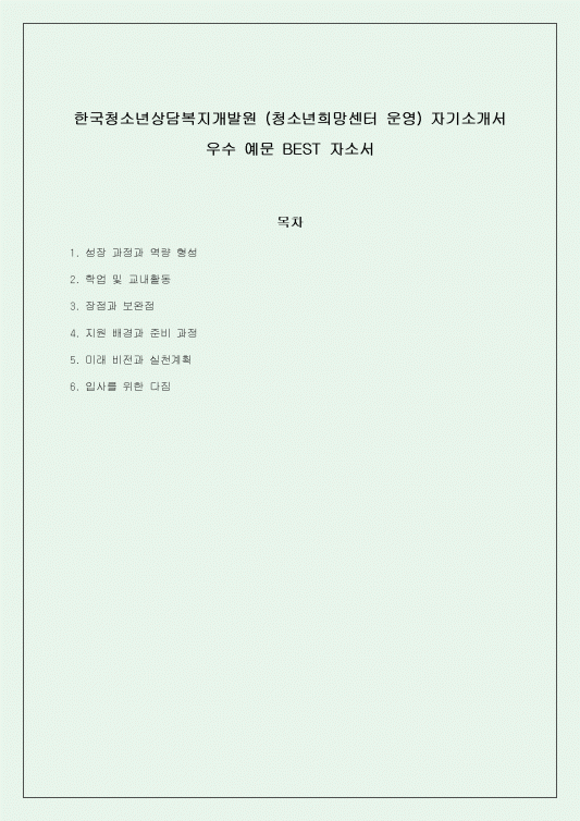한국청소년상담복지개발원 (청소년희망센터 운영) 자기소개서 우수 예문 BEST 자소서