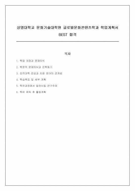 상명대학교 문화기술대학원 글로벌문화콘텐츠학과 학업계획서 BEST 합격