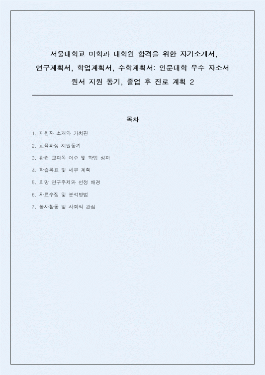 서울대학교 미학과 대학원 합격을 위한 자기소개서, 연구계획서, 학업계획서, 수학계획서: 인문대학 우수 자소서 원서 지원 동기, 졸업 후 진로 계획 2
