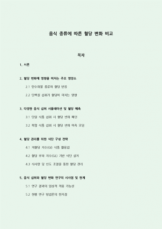음식 종류에 따른 혈당 변화 비교