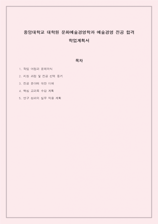 중앙대학교 대학원 문화예술경영학과 예술경영 전공 합격 학업계획서