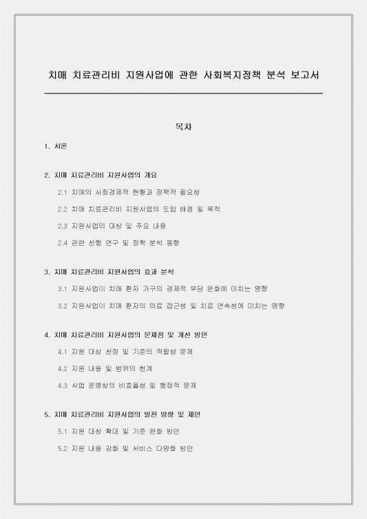 치매 치료관리비 지원사업에 관한 사회복지정책 분석 보고서