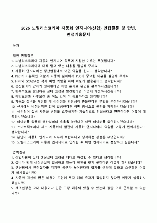 2026 노벨리스코리아 자동화 엔지니어(신입) 면접질문 및 답변, 면접기출문제