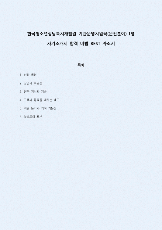 한국청소년상담복지개발원 기관운영지원직(운전분야) 1명 자기소개서 합격 비법 BEST 자소서