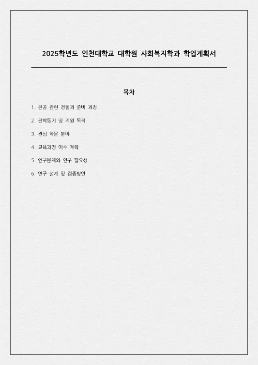 2025학년도 인천대학교 대학원 사회복지학과 학업계획서