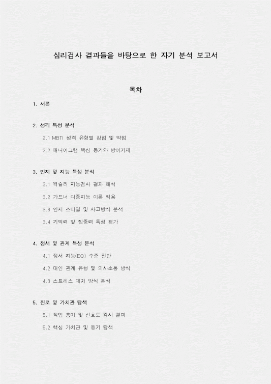 심리검사 결과들을 바탕으로 한 자기 분석 보고서