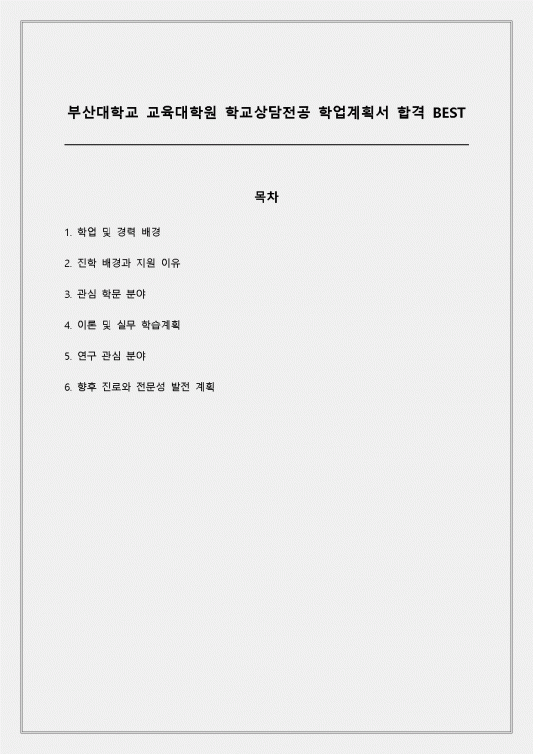 부산대학교 교육대학원 학교상담전공 학업계획서 합격 BEST