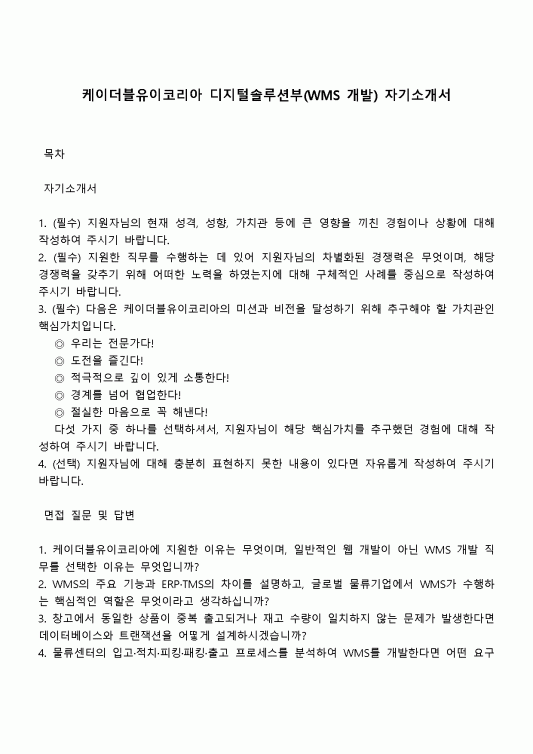 케이더블유이코리아 디지털솔루션부(WMS 개발) 자기소개서
