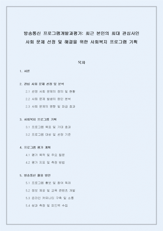 방송통신 프로그램개발과평가: 최근 본인의 최대 관심사인 사회 문제 선정 및 해결을 위한 사회복지 프로그램 기획