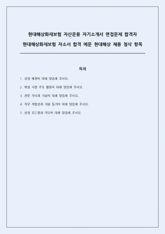 현대해상화재보험 자산운용 자기소개서 면접문제 합격자 현대해상화재보험 자소서 합격 예문 현대해상 채용 첨삭 항목