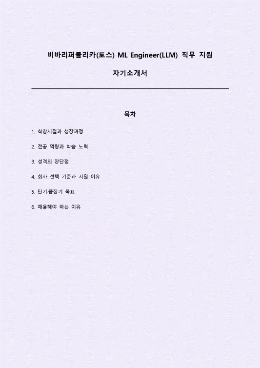 비바리퍼블리카(토스) ML Engineer(LLM) 직무 지원 자기소개서