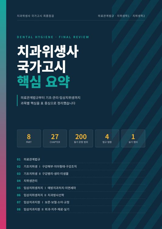 치과위생사 국가고시 핵심 요약 (27챕터+의료관계법규+치위생학1+치위생학2+실기)