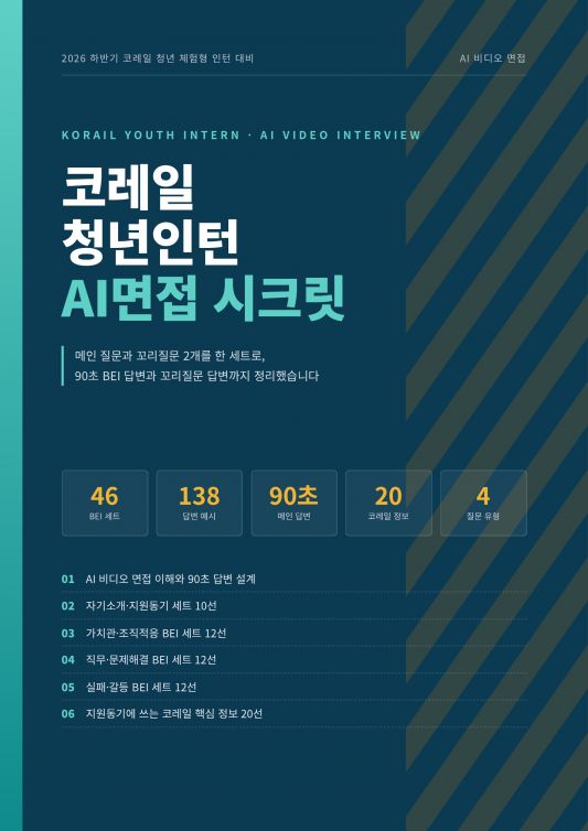 [2026] 코레일 청년인턴 AI면접 후기, 기출 46세트 (메인+꼬리질문 답변 138개)