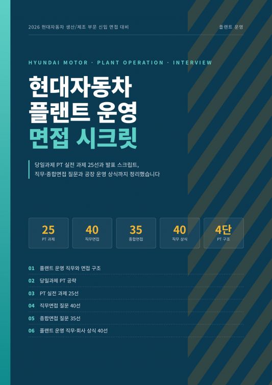 2026 현대자동차 플랜트 운영 면접후기 All In One 가이드 북 (당일과제 PT 25선+직무면접 40+종합면접 35+직무상식 40)