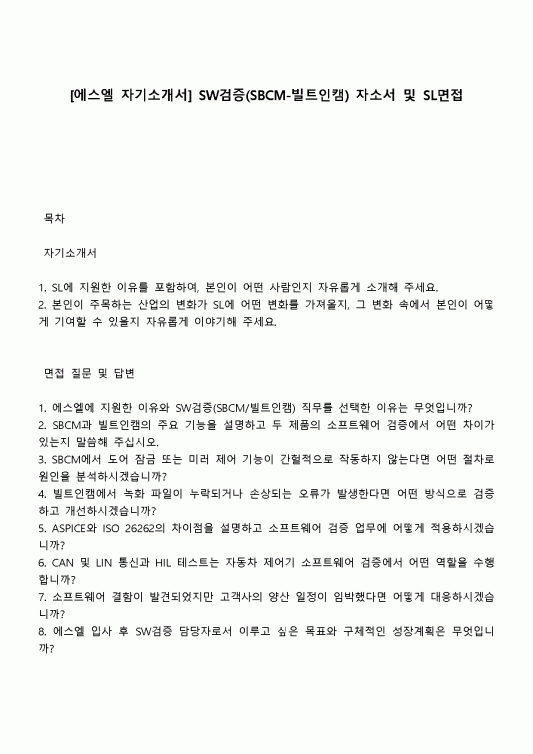 [에스엘 자기소개서] SW검증(SBCM-빌트인캠) 자소서 및 SL면접